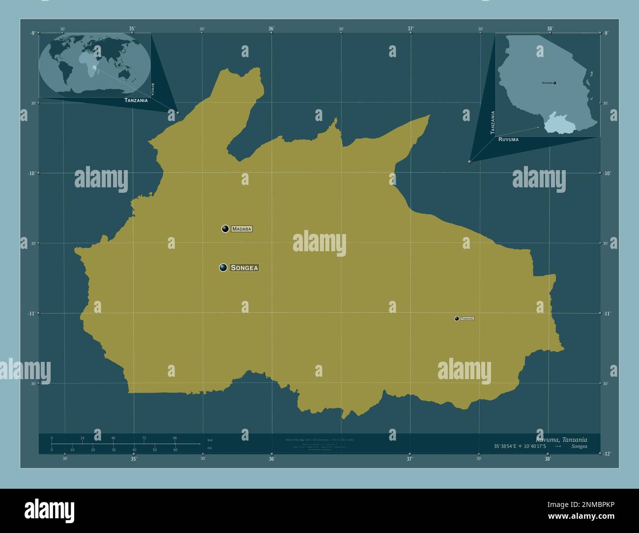 Ruvuma, region of Tanzania. Solid color shape. Locations and names of ...