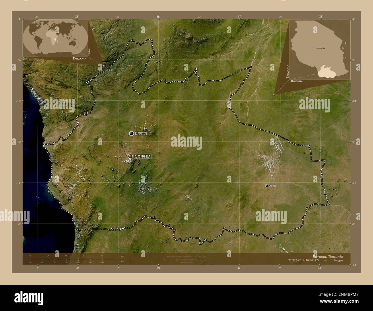 Ruvuma, region of Tanzania. Low resolution satellite map. Locations and ...