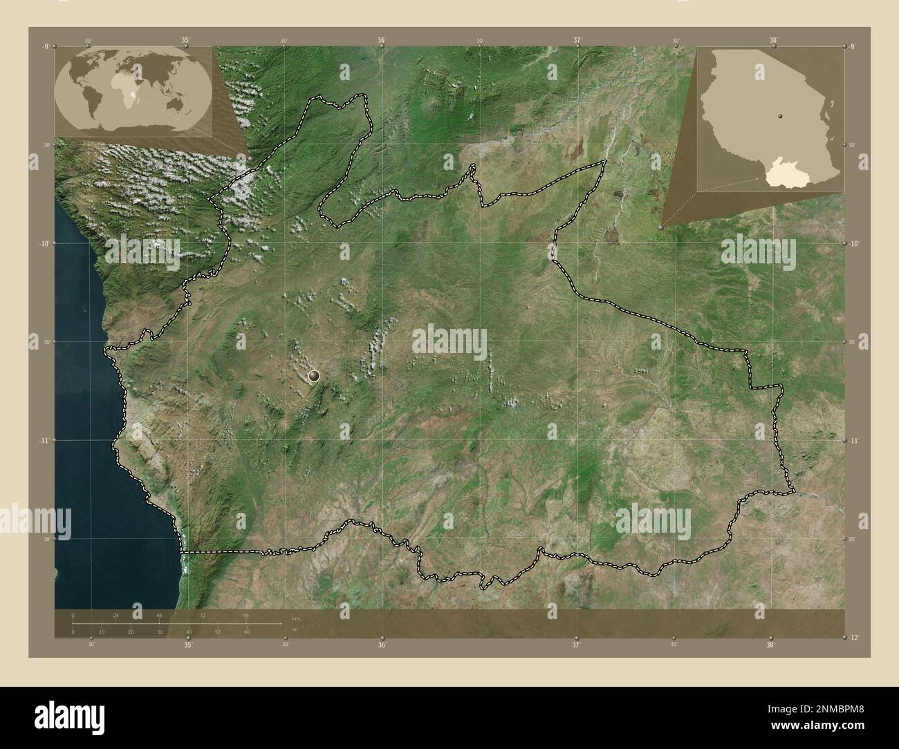 Ruvuma, region of Tanzania. High resolution satellite map. Corner ...