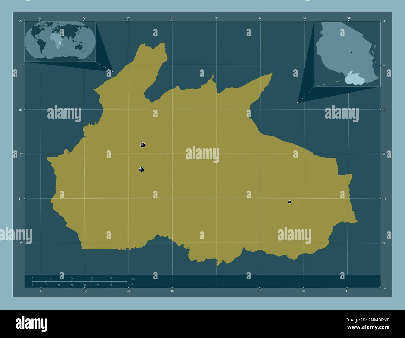 Ruvuma, region of Tanzania. Solid color shape. Locations of major ...