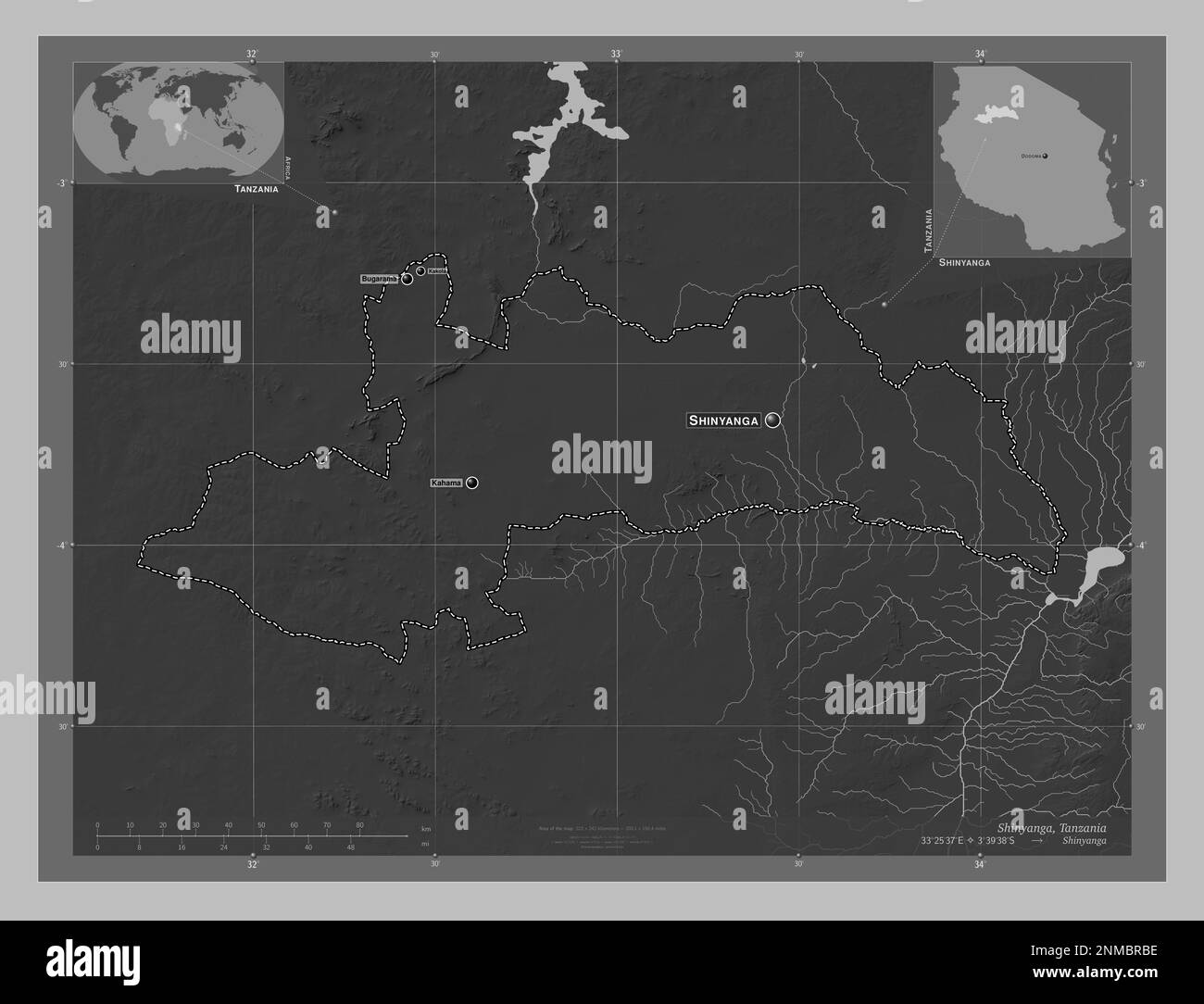 Shinyanga, region of Tanzania. Grayscale elevation map with lakes and ...