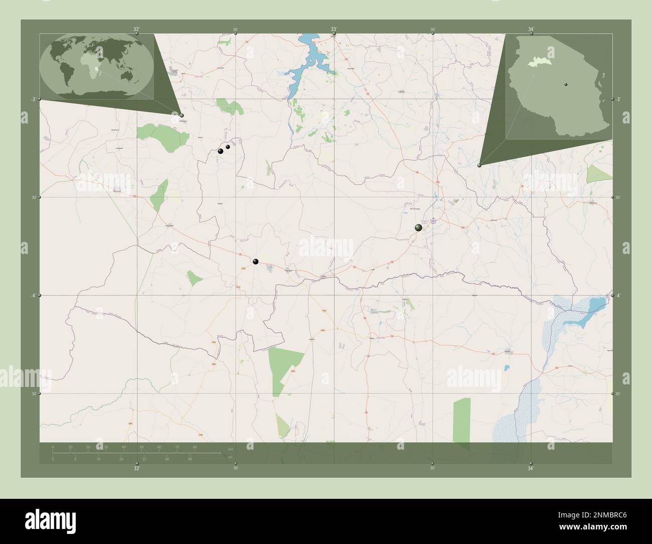 Shinyanga, region of Tanzania. Open Street Map. Locations of major ...