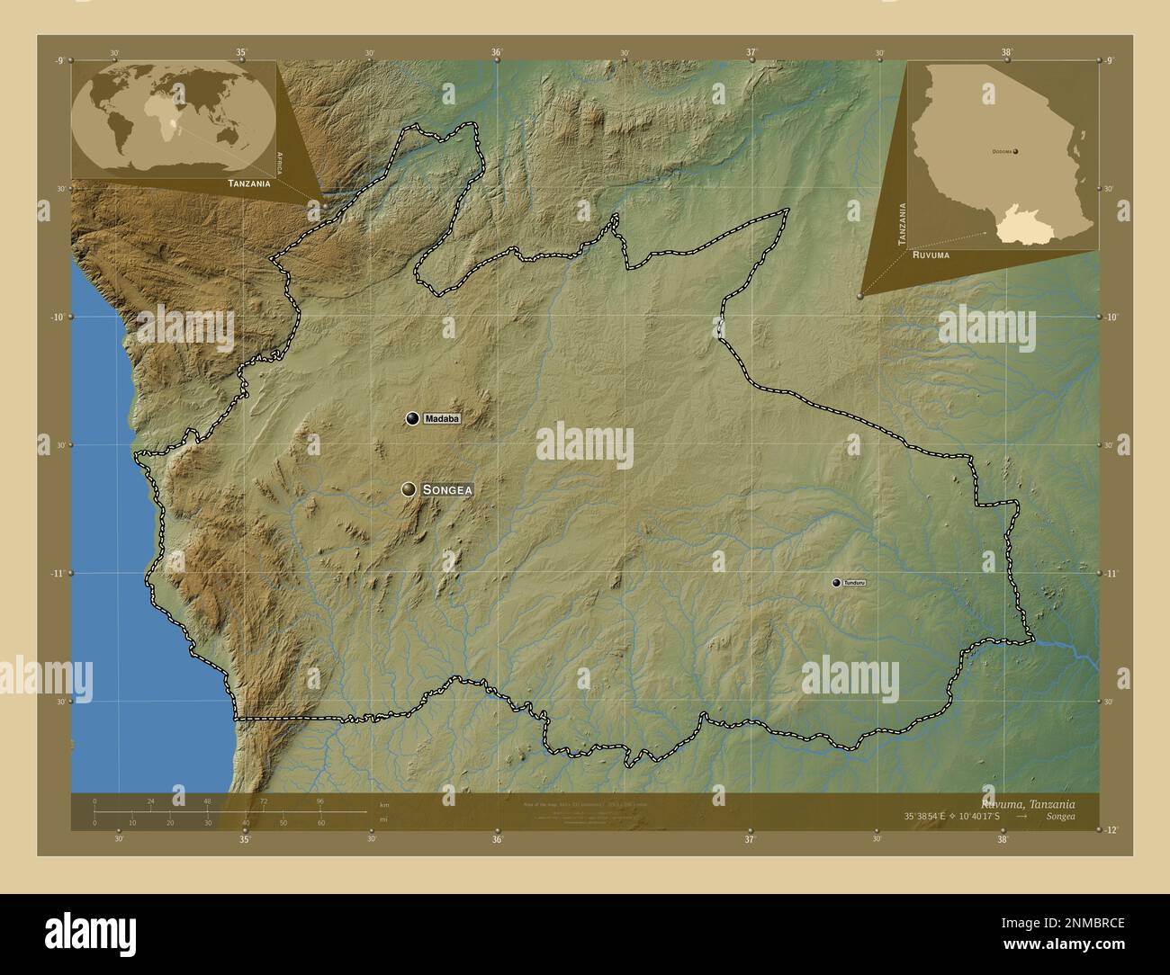 Ruvuma, region of Tanzania. Colored elevation map with lakes and rivers ...