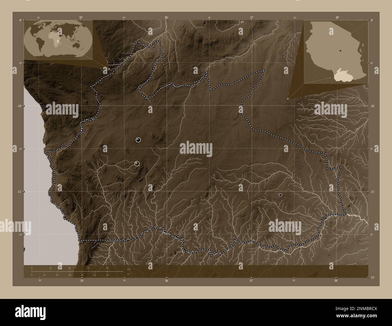 Ruvuma, region of Tanzania. Elevation map colored in sepia tones with ...
