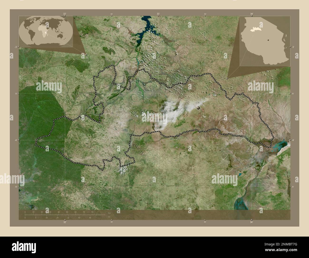 Shinyanga, region of Tanzania. High resolution satellite map. Corner ...