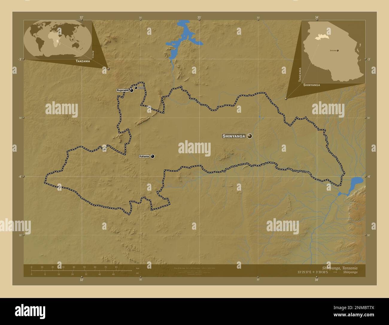 Shinyanga, region of Tanzania. Colored elevation map with lakes and ...