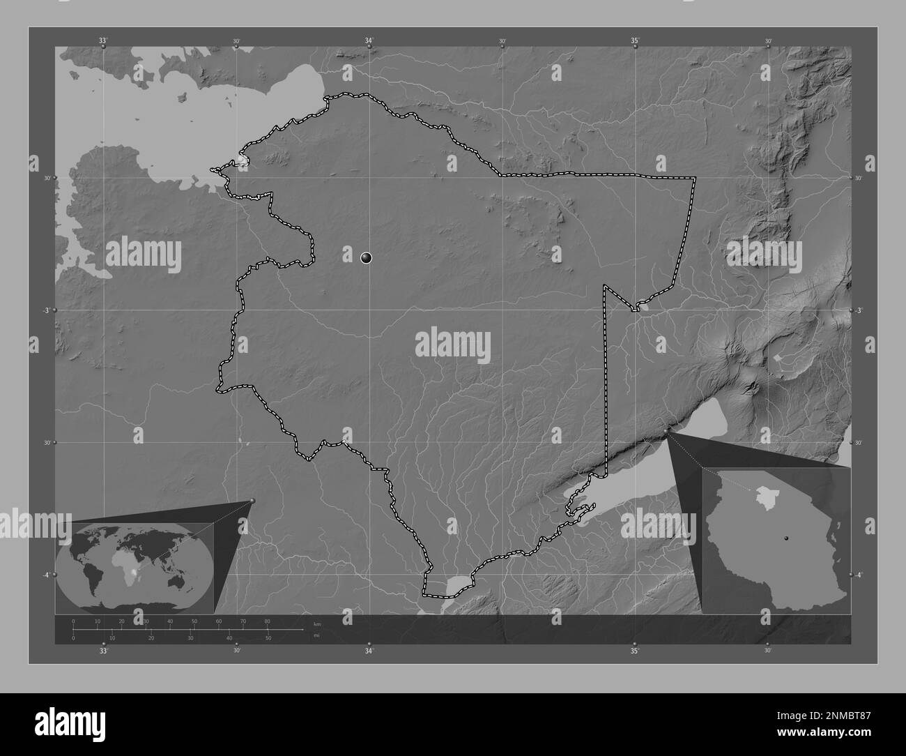 Simiyu, region of Tanzania. Bilevel elevation map with lakes and rivers ...