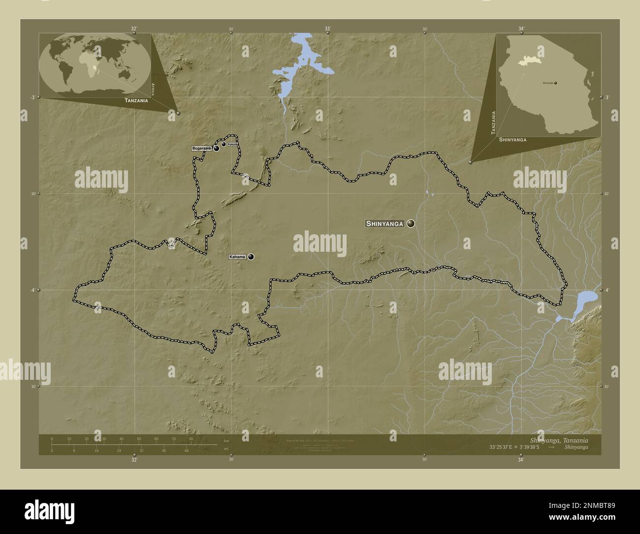 Shinyanga, region of Tanzania. Elevation map colored in wiki style with ...