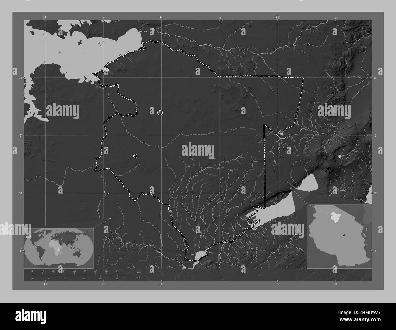 Simiyu, region of Tanzania. Grayscale elevation map with lakes and ...