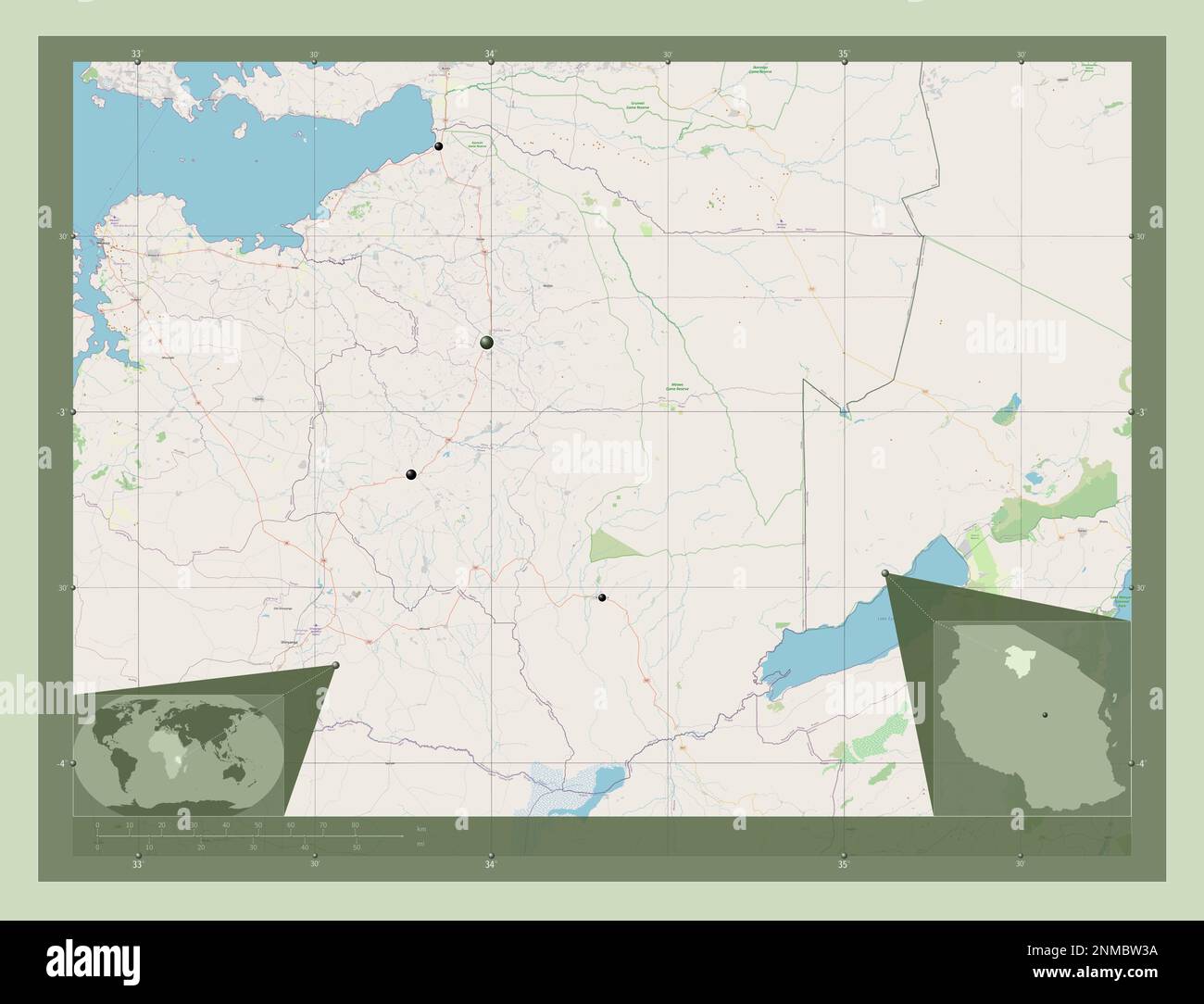 Simiyu, region of Tanzania. Open Street Map. Locations of major cities ...