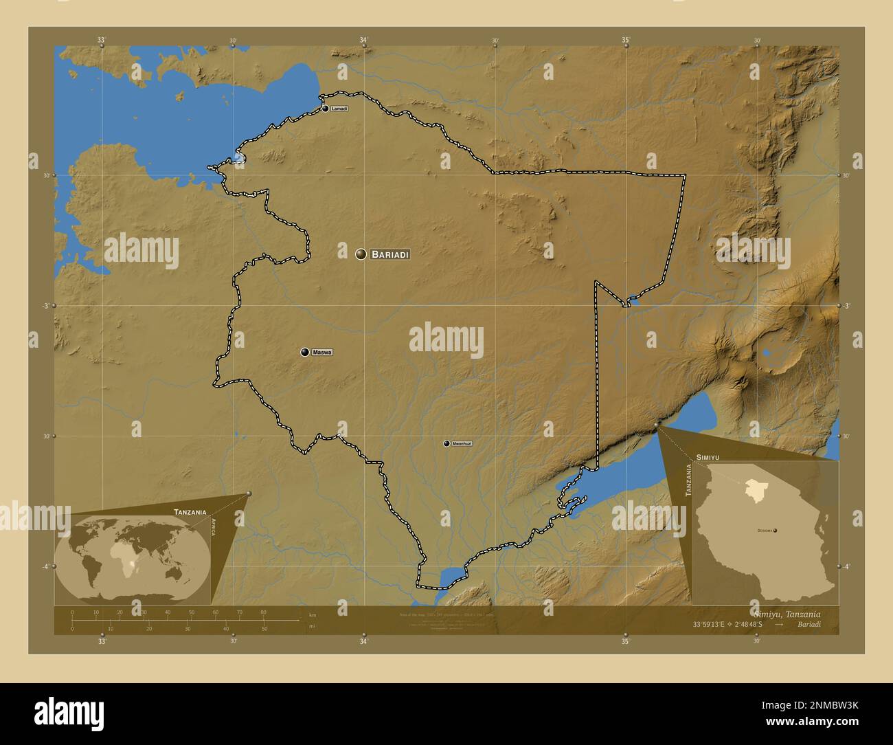 Simiyu, region of Tanzania. Colored elevation map with lakes and rivers ...
