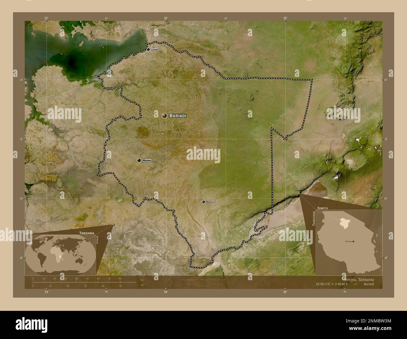 Simiyu, region of Tanzania. Low resolution satellite map. Locations and ...