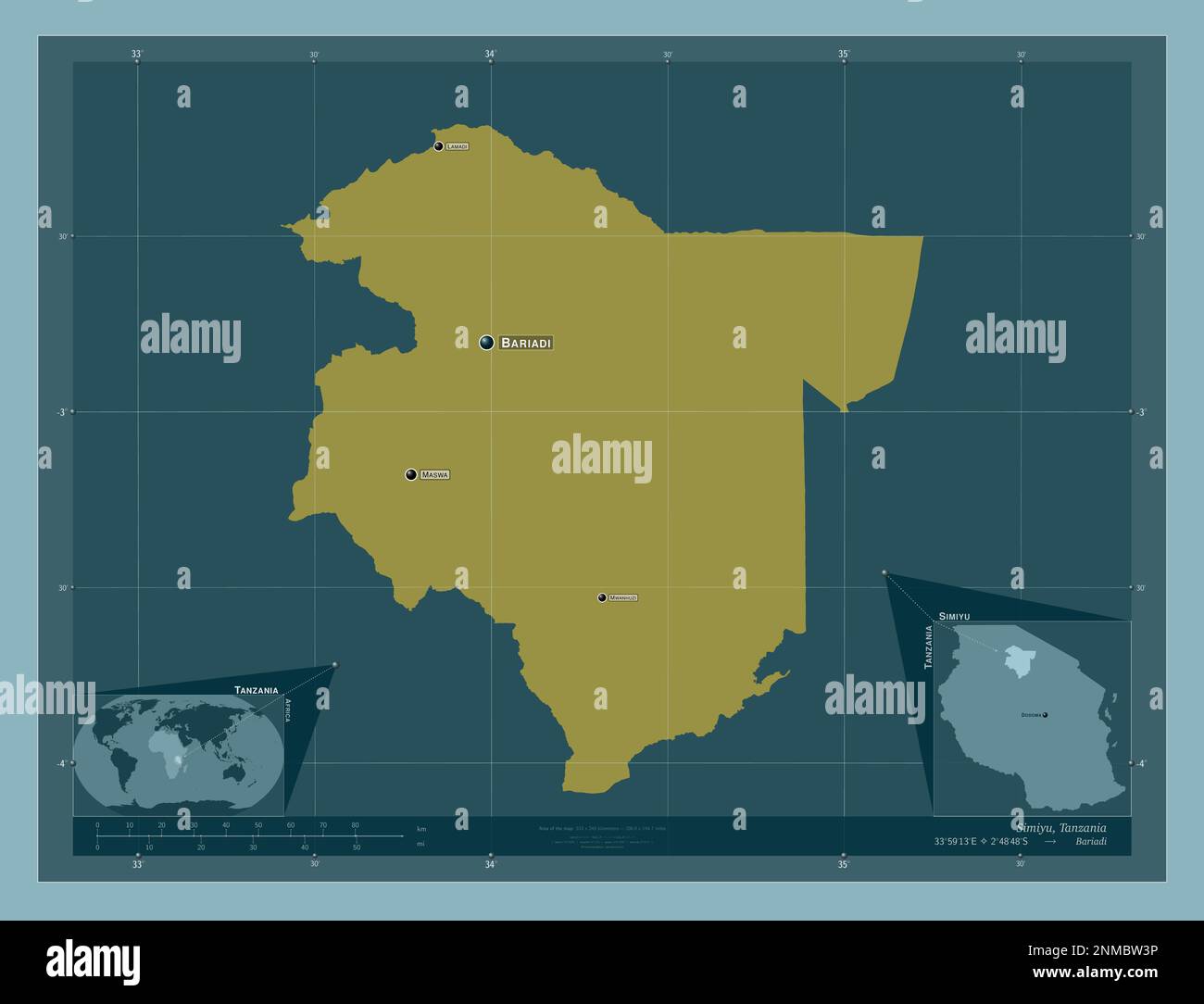 Simiyu, region of Tanzania. Solid color shape. Locations and names of ...