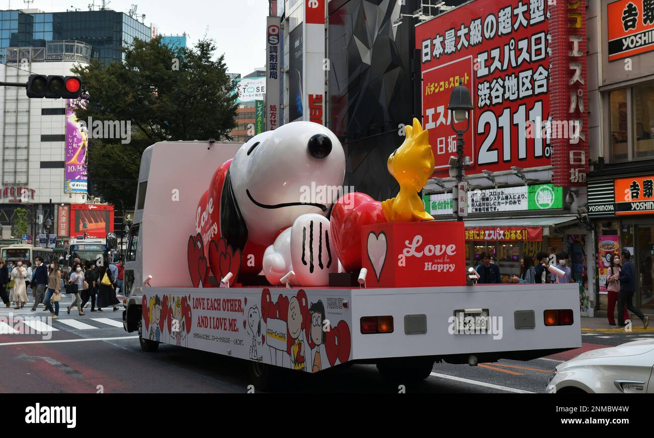 A truck carrying big Snoopy runs near Shibuya Station in Tokyo on Oct ...