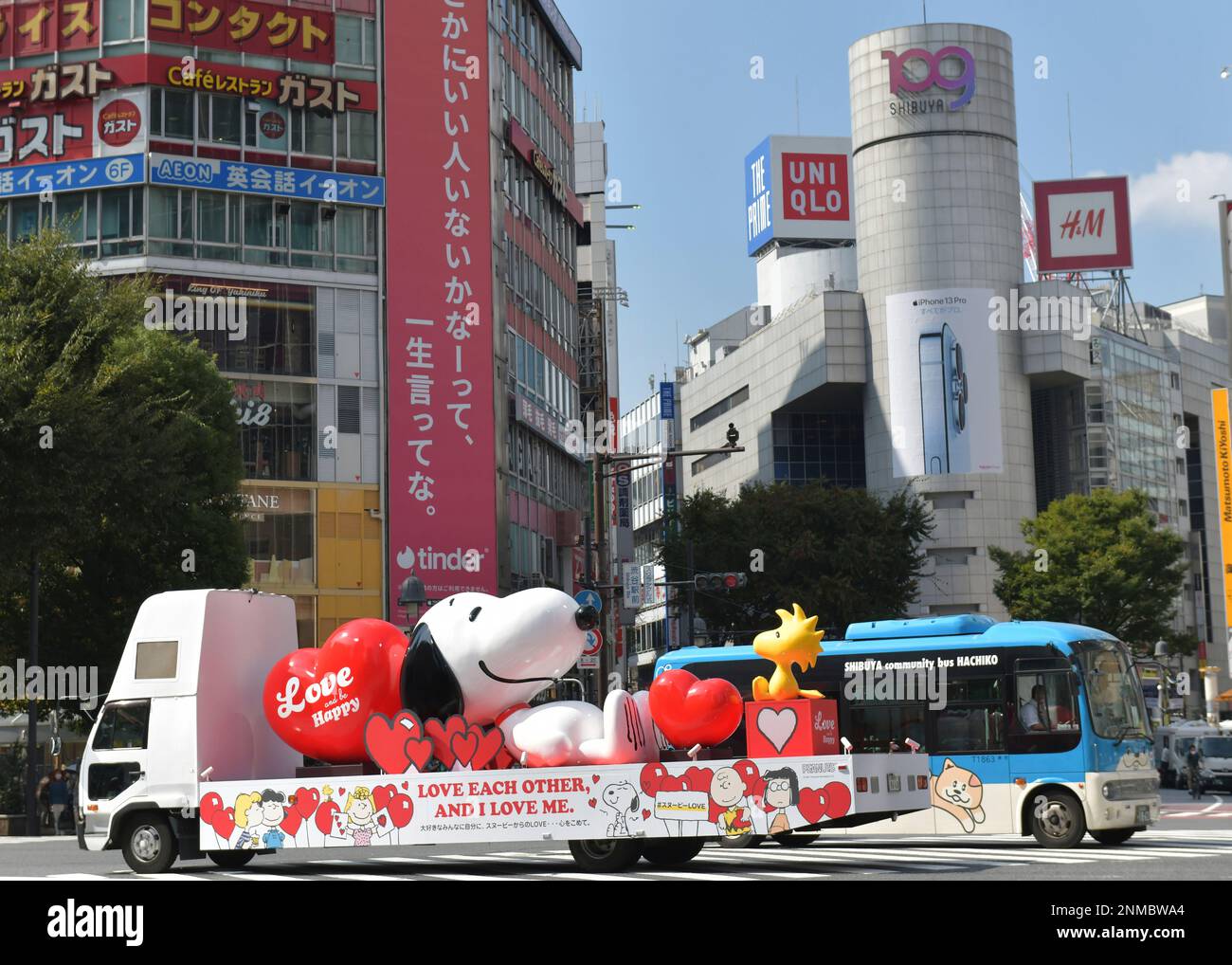A truck carrying big Snoopy runs near Shibuya Station in Tokyo on Oct ...