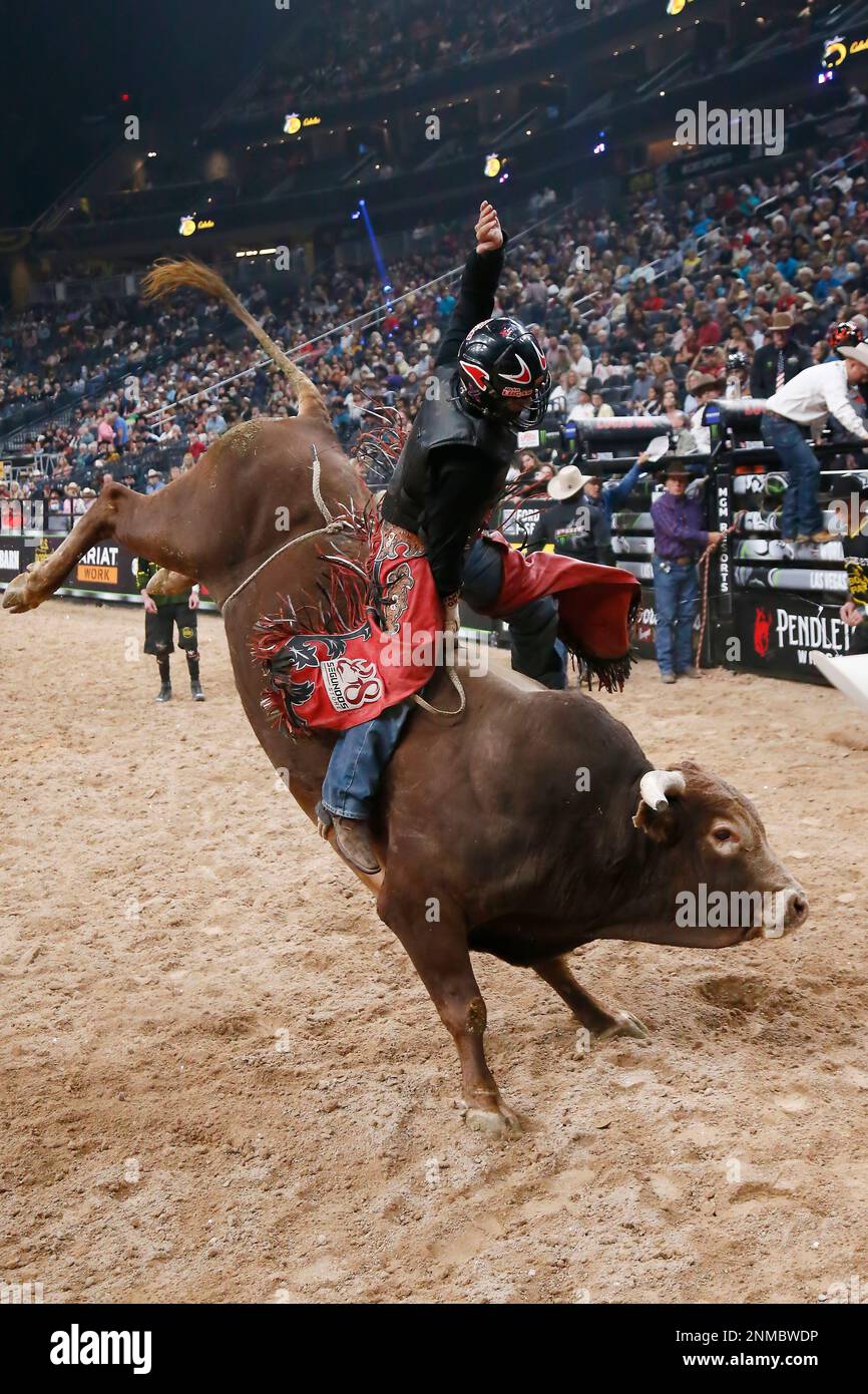 LAS VEGAS, NV - NOVEMBER 07: Joao Henrique Lucas rides bull Detroit ...