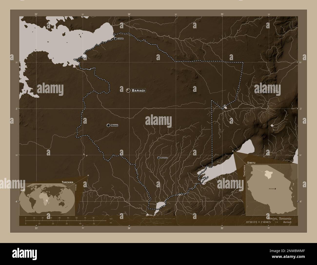 Simiyu, region of Tanzania. Elevation map colored in sepia tones with ...