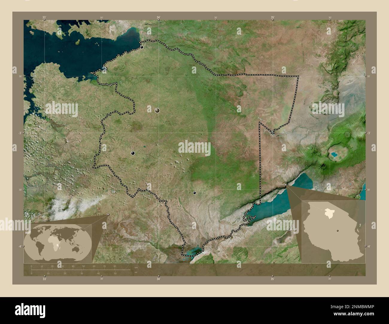 Simiyu, region of Tanzania. High resolution satellite map. Locations of ...