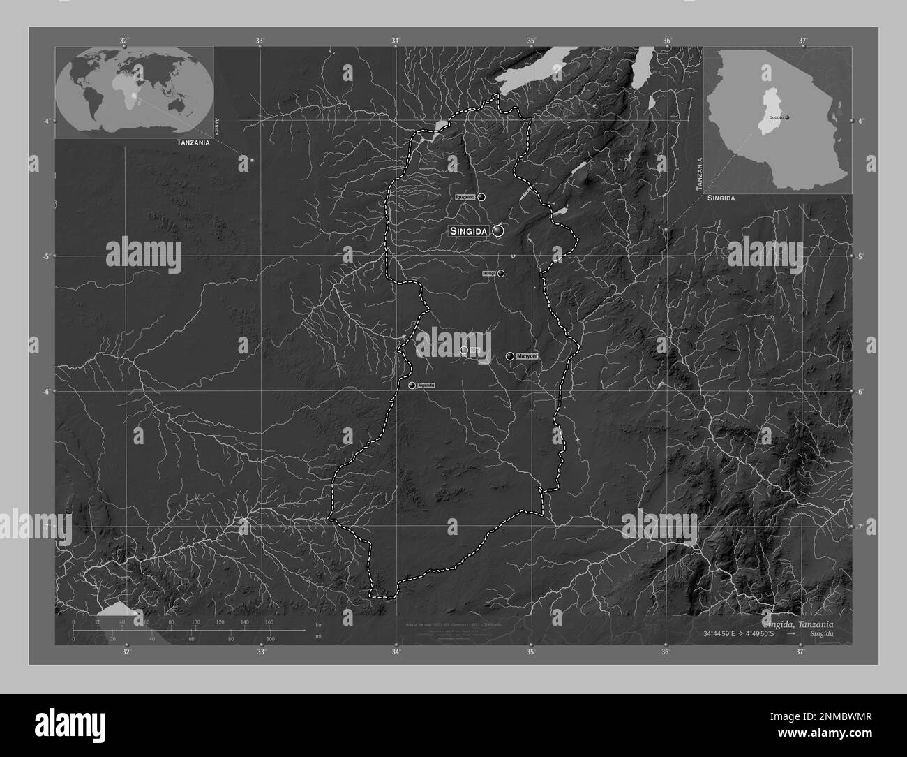 Singida, region of Tanzania. Grayscale elevation map with lakes and ...