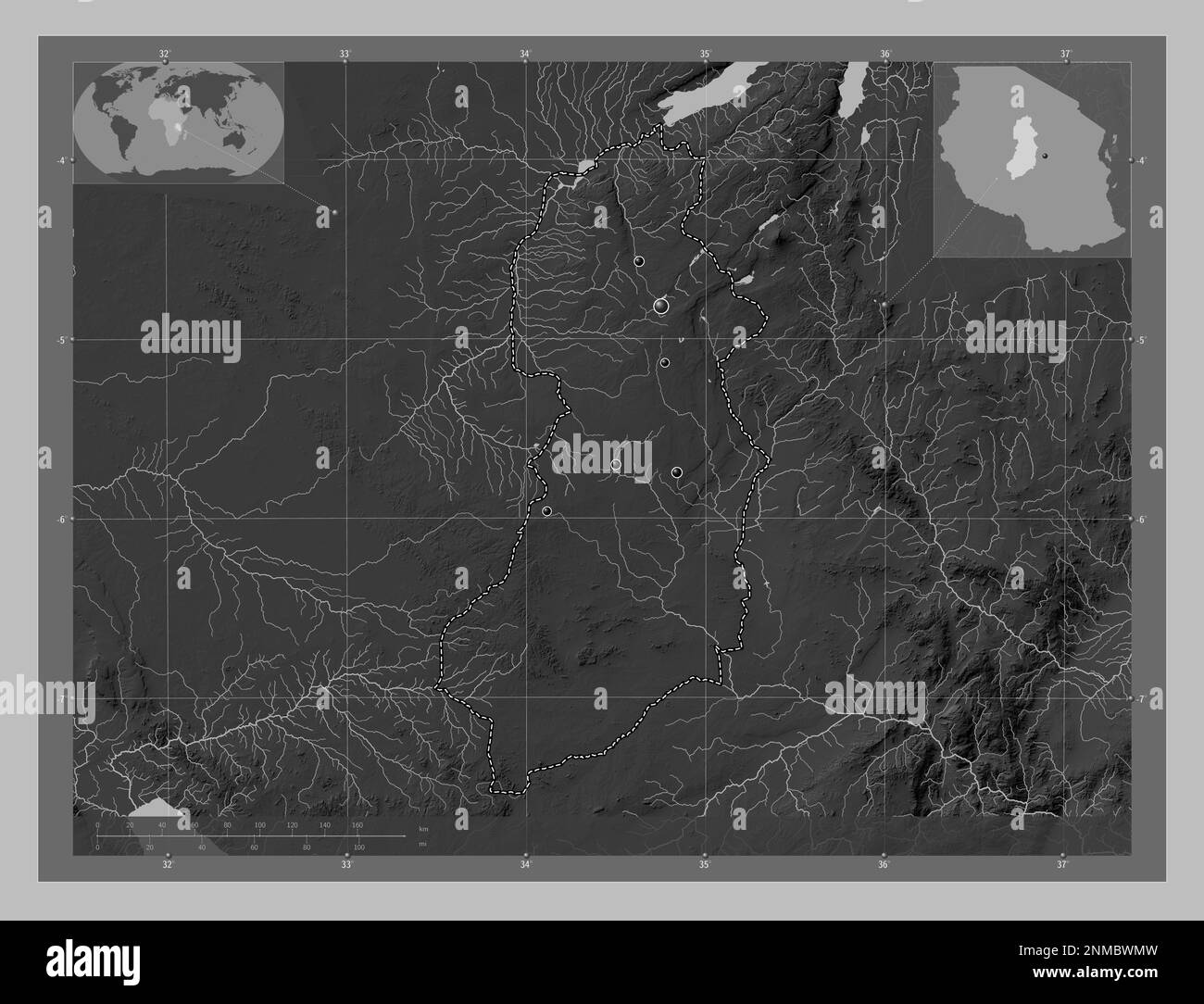 Singida, region of Tanzania. Grayscale elevation map with lakes and ...