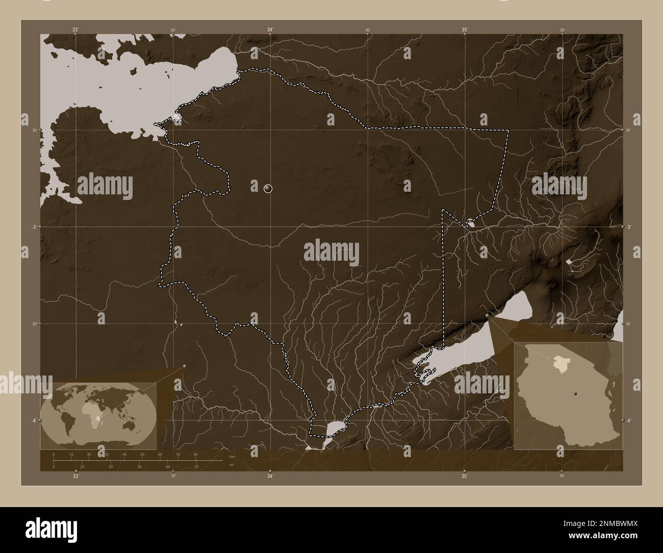 Simiyu, region of Tanzania. Elevation map colored in sepia tones with ...