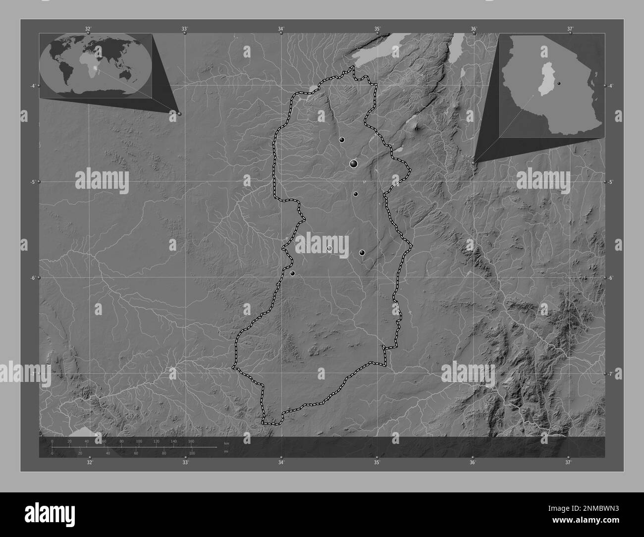 Singida, region of Tanzania. Bilevel elevation map with lakes and ...