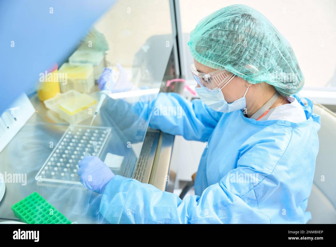 Hematologist works in a sterile diagnostic laboratory behind glass ...