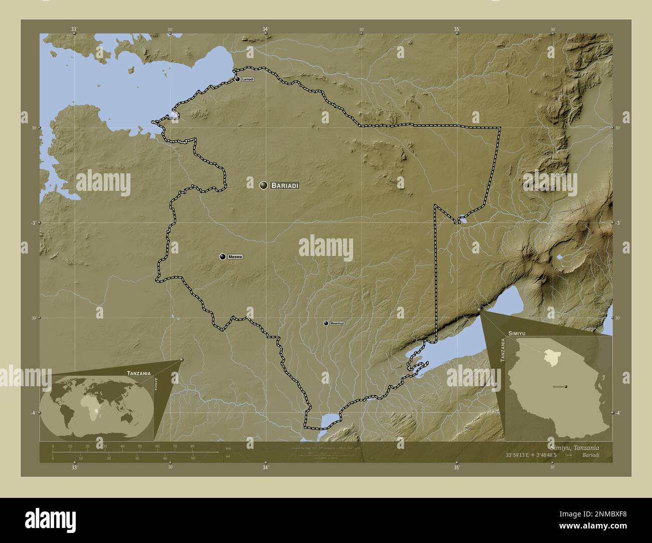 Simiyu, region of Tanzania. Elevation map colored in wiki style with ...