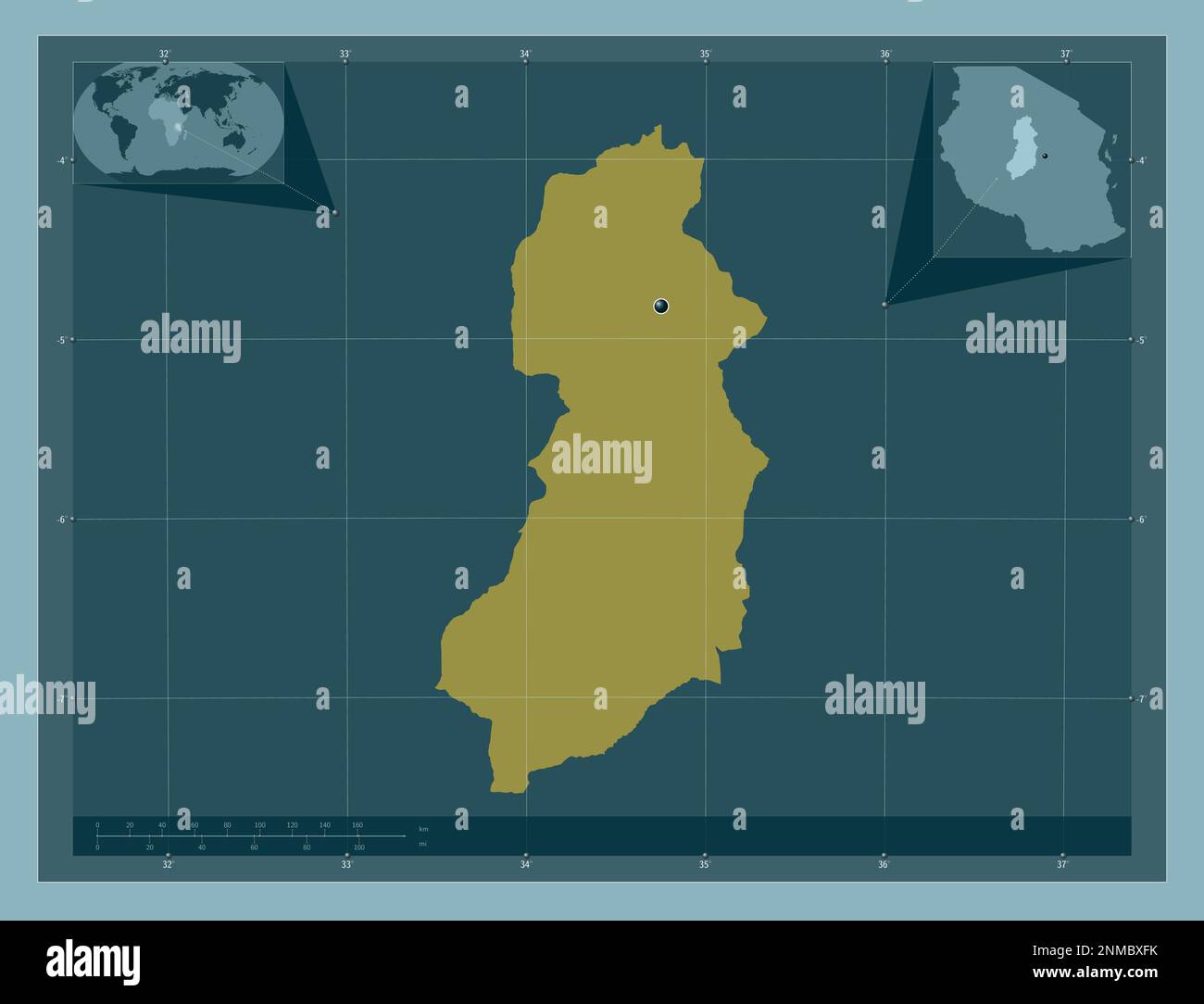 Singida, region of Tanzania. Solid color shape. Corner auxiliary ...