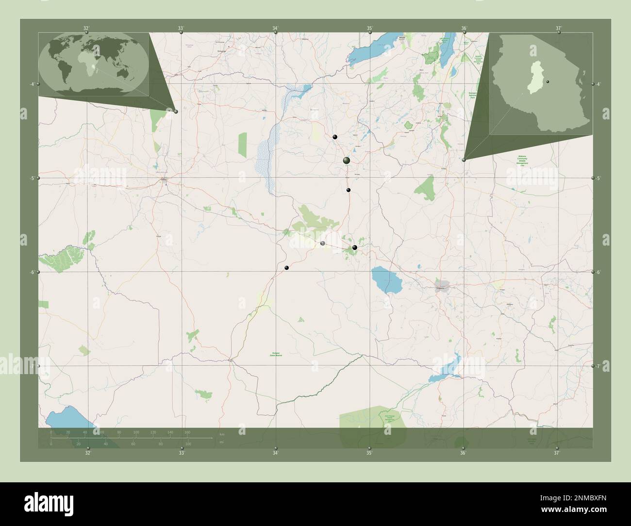 Singida, region of Tanzania. Open Street Map. Locations of major cities ...