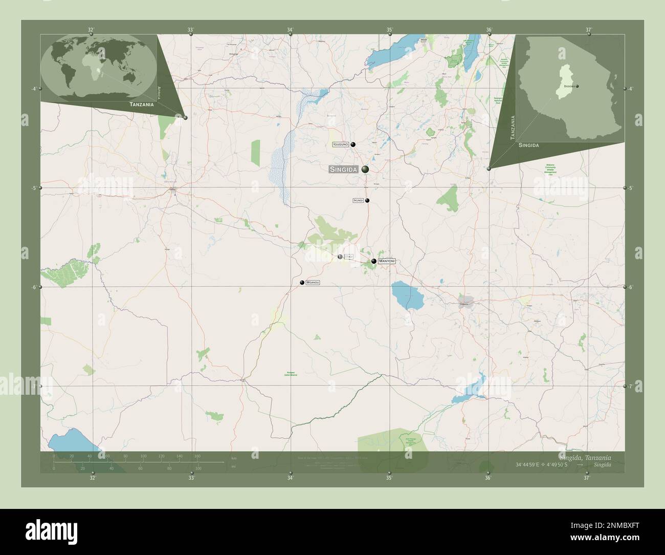 Singida, region of Tanzania. Open Street Map. Locations and names of ...