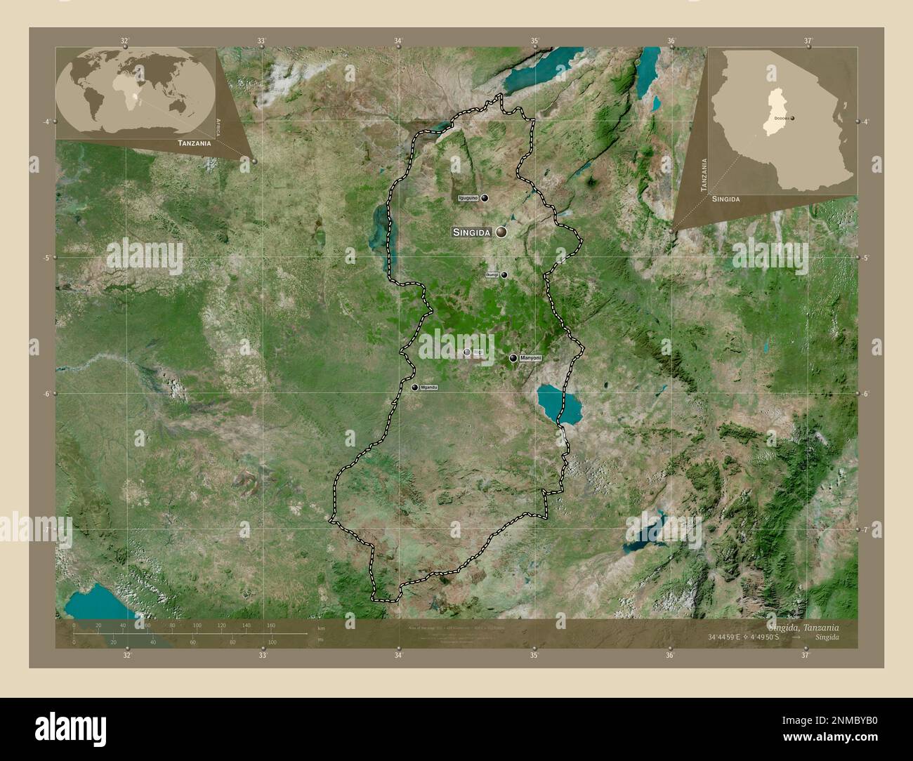 Singida, region of Tanzania. High resolution satellite map. Locations ...