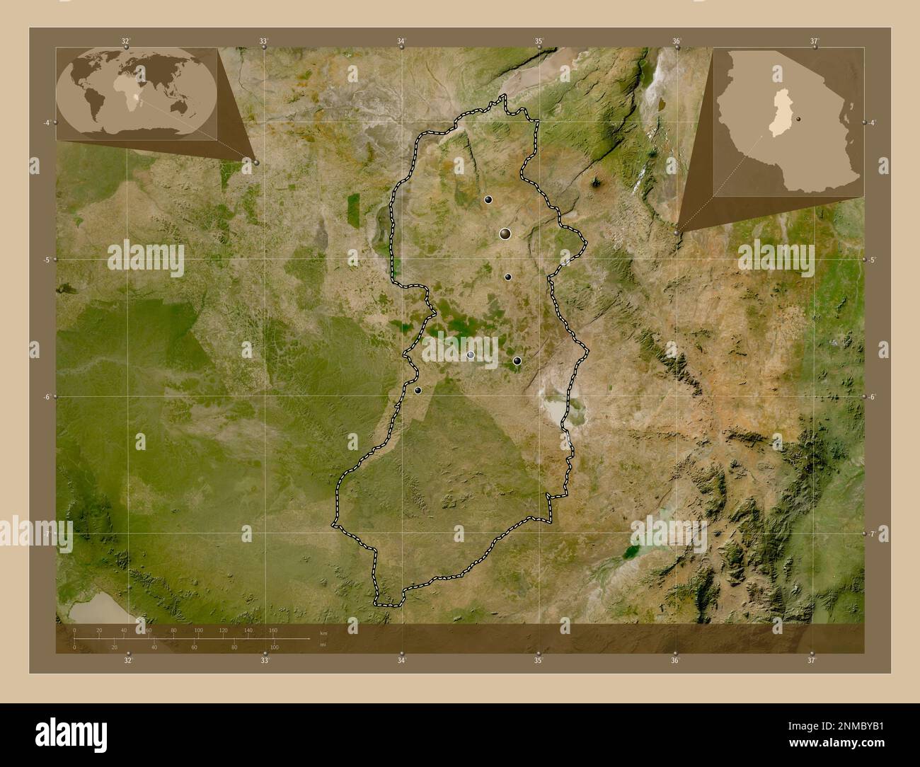 Singida, region of Tanzania. Low resolution satellite map. Locations of ...