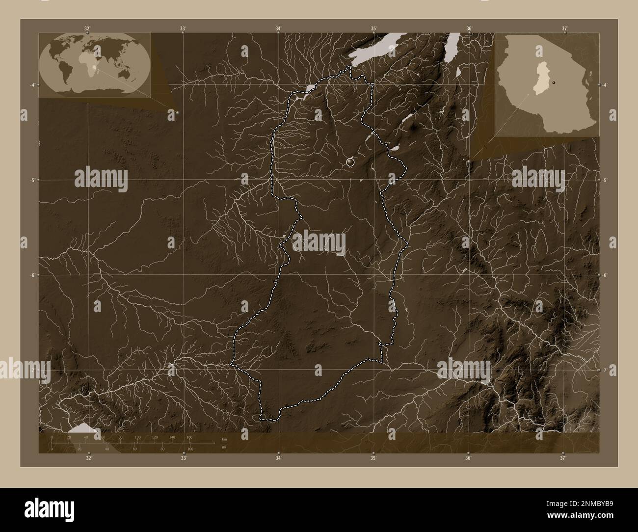 Singida, region of Tanzania. Elevation map colored in sepia tones with ...