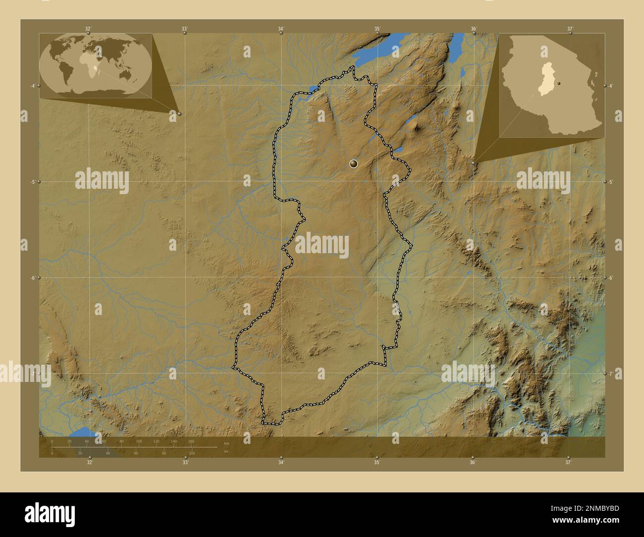 Singida, region of Tanzania. Colored elevation map with lakes and ...