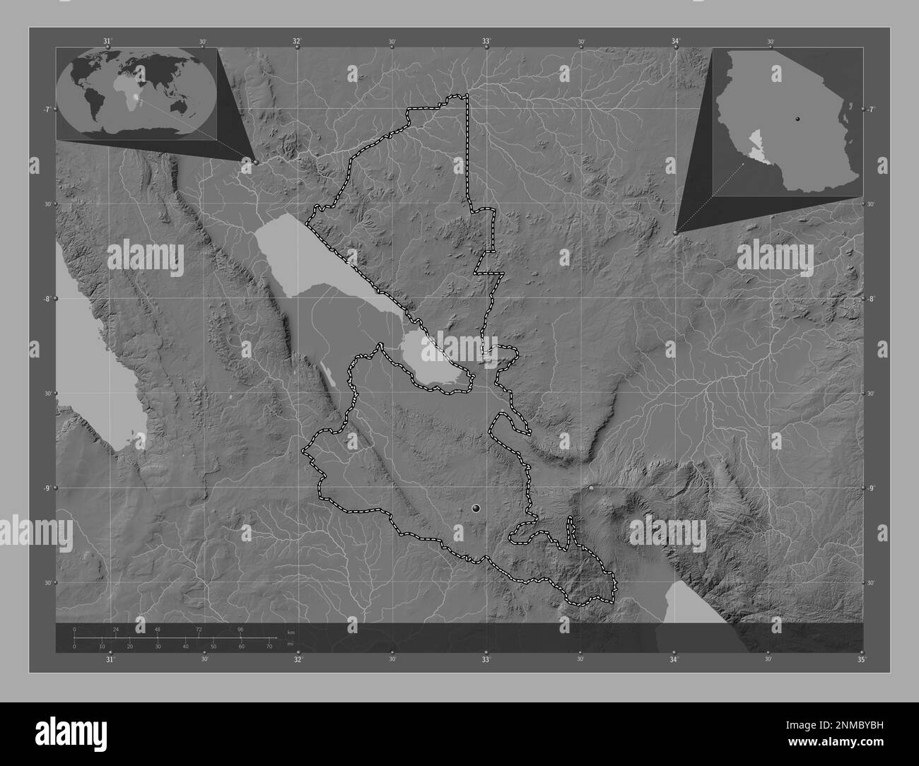 Songwe, region of Tanzania. Bilevel elevation map with lakes and rivers ...