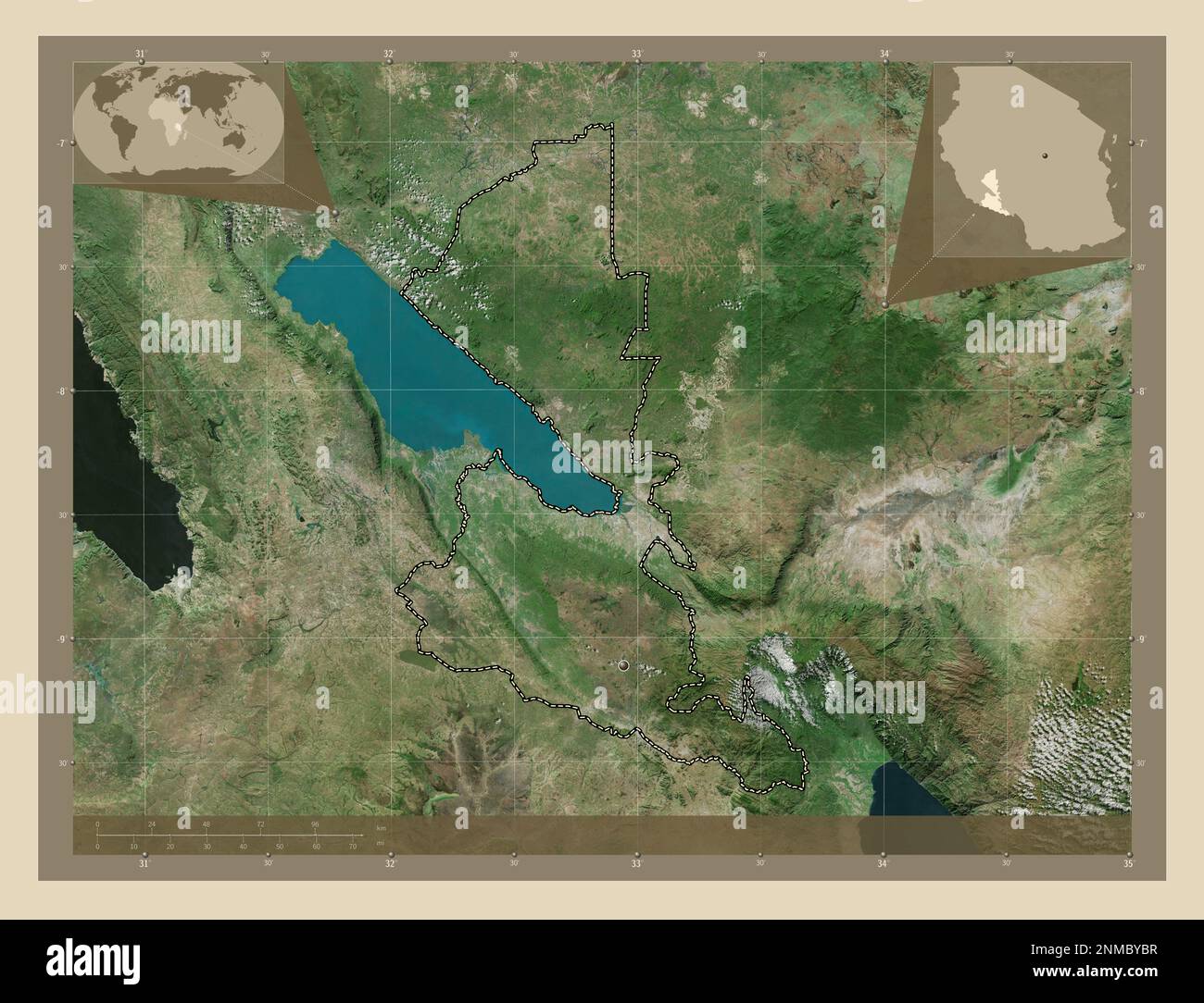 Songwe, region of Tanzania. High resolution satellite map. Locations of ...