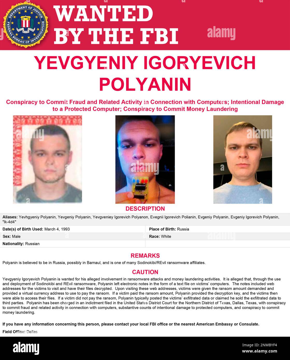 This image released by the FBI, Monday, Nov. 8, 2021 in Washington ...