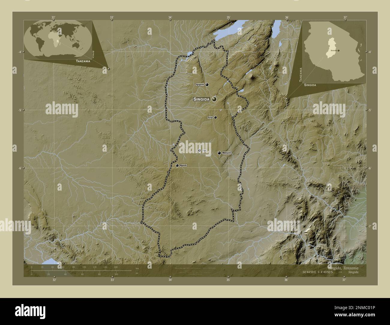 Singida, region of Tanzania. Elevation map colored in wiki style with ...