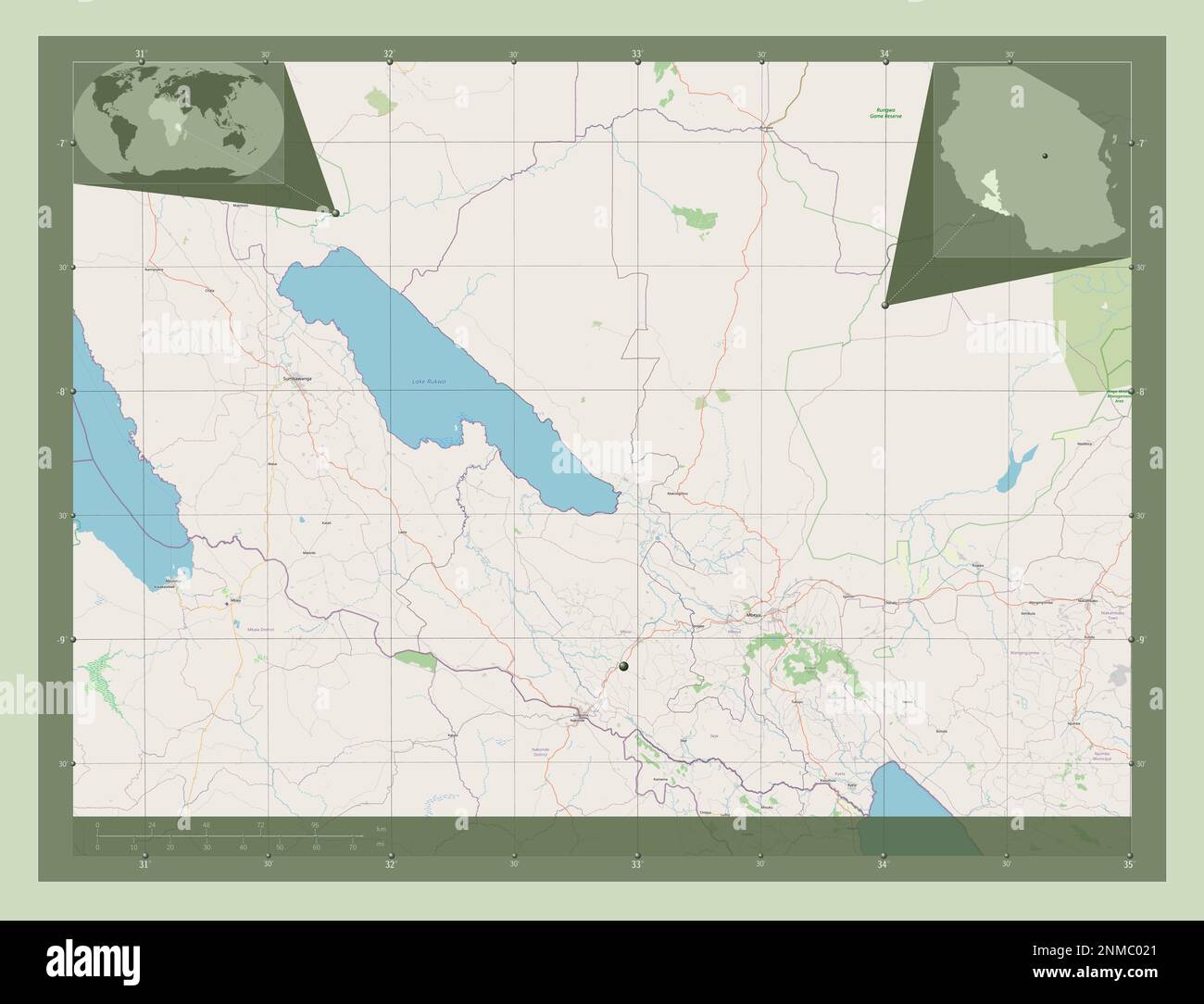 Songwe, region of Tanzania. Open Street Map. Corner auxiliary location ...
