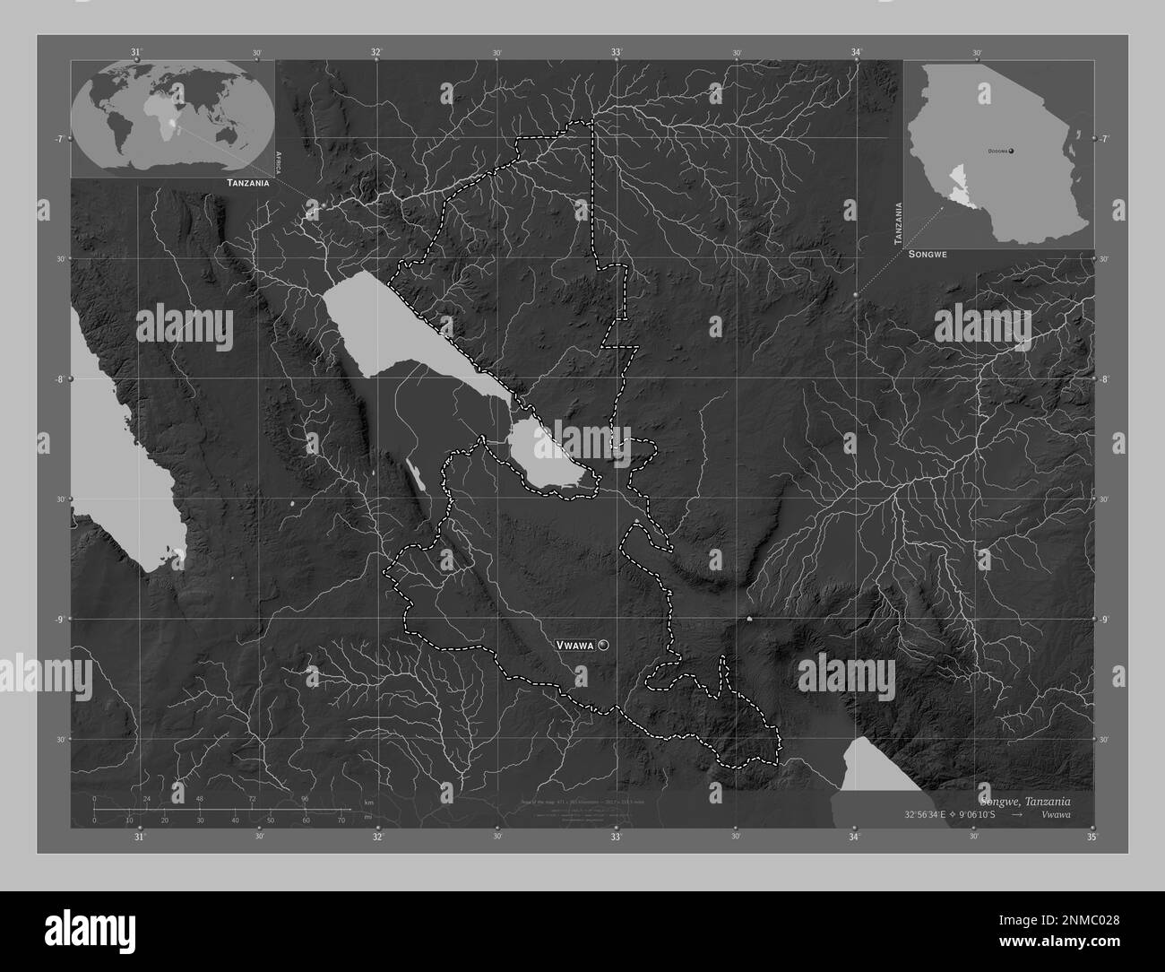 Songwe, region of Tanzania. Grayscale elevation map with lakes and ...