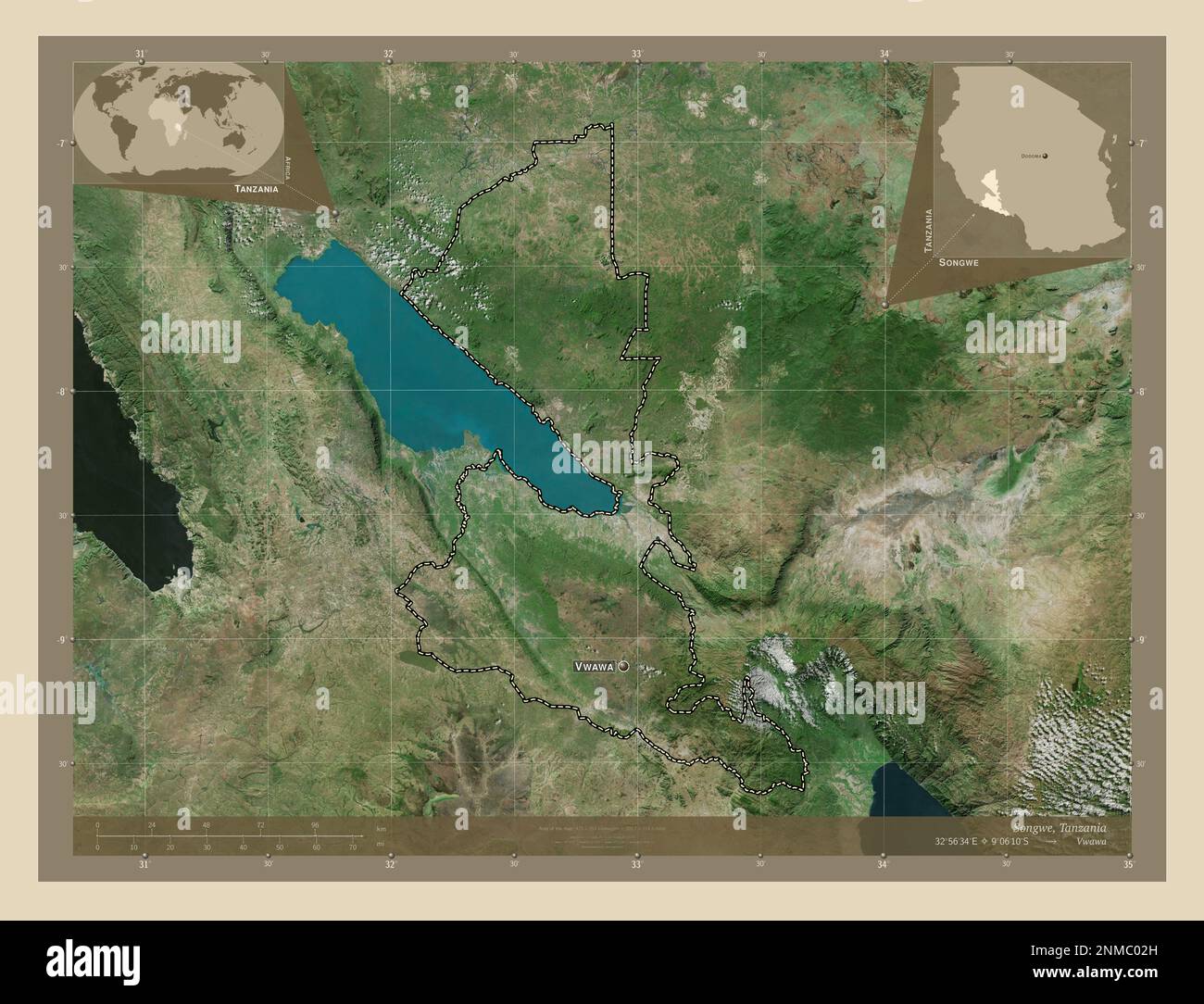 Songwe, region of Tanzania. High resolution satellite map. Locations ...