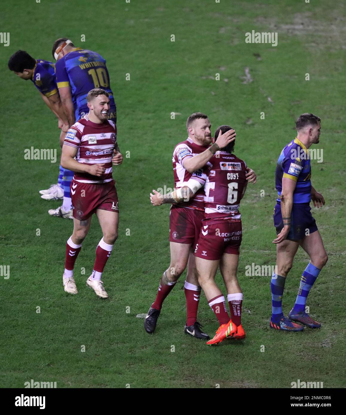 Wigan Warriors' Cade Cust celebrates scoring their side's eleventh try ...
