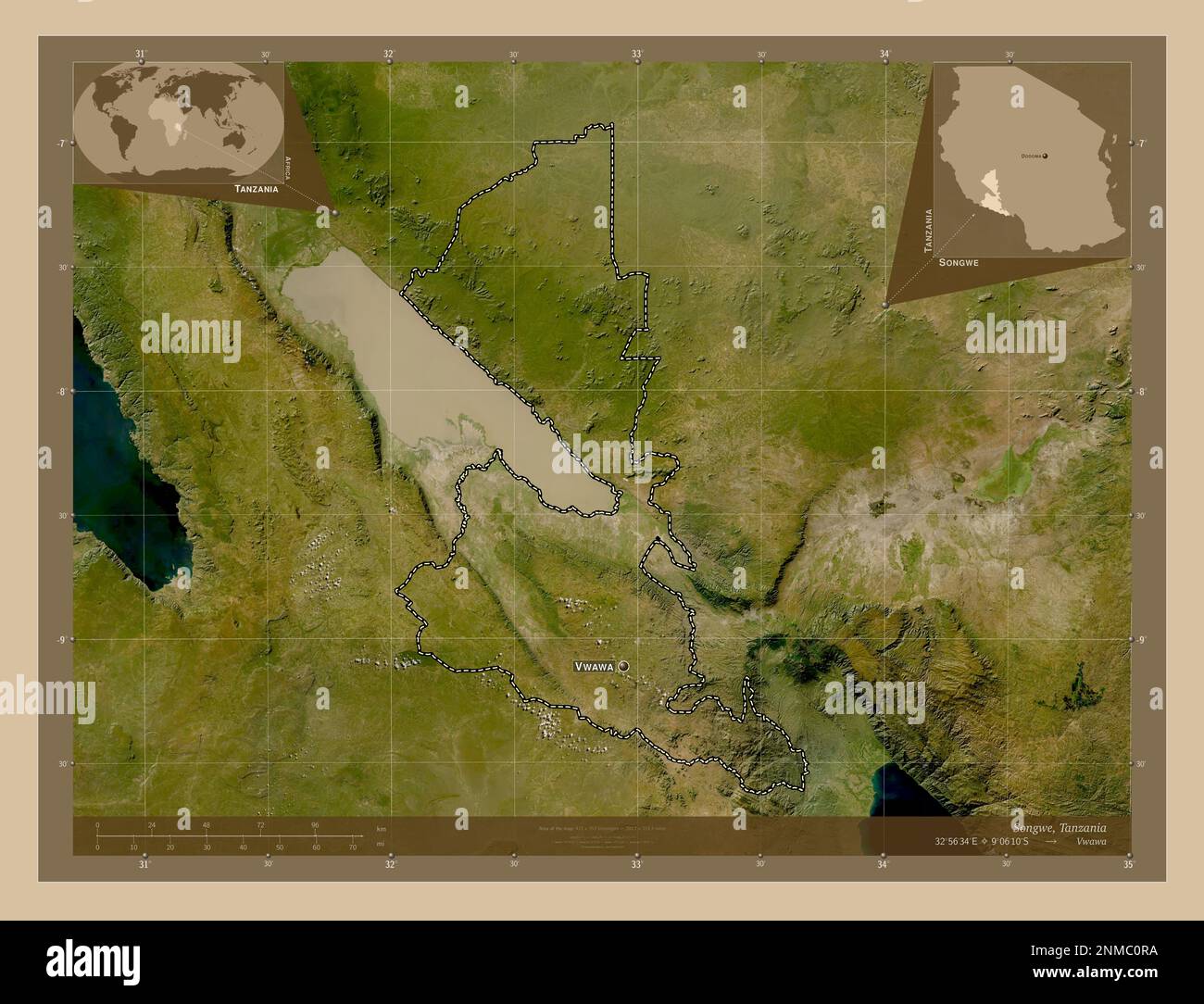 Songwe, region of Tanzania. Low resolution satellite map. Locations and ...