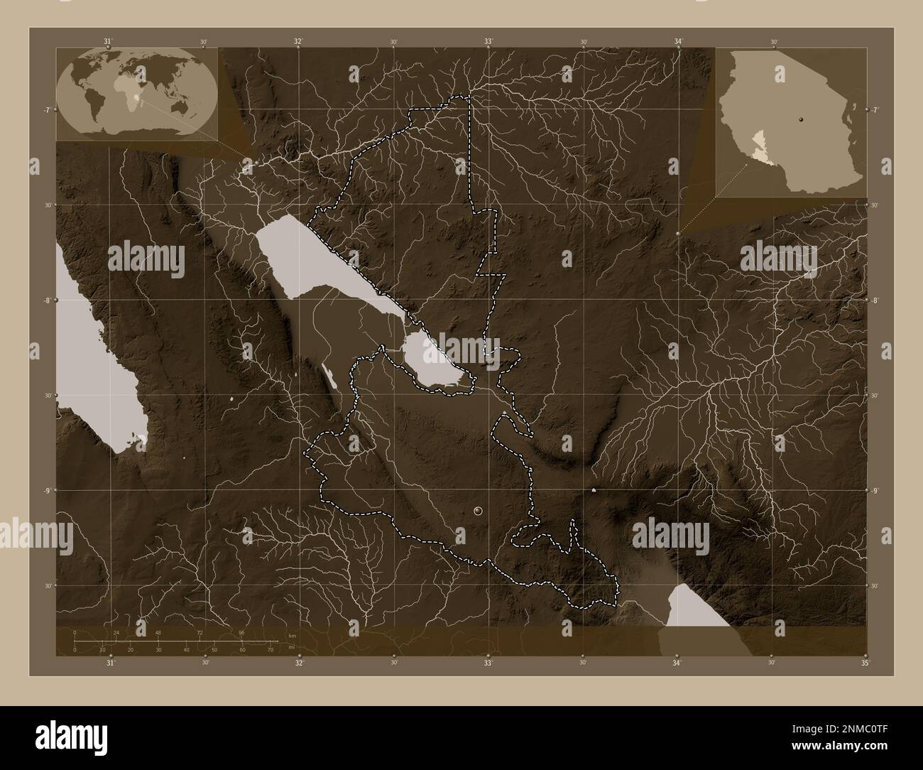 Songwe, region of Tanzania. Elevation map colored in sepia tones with ...