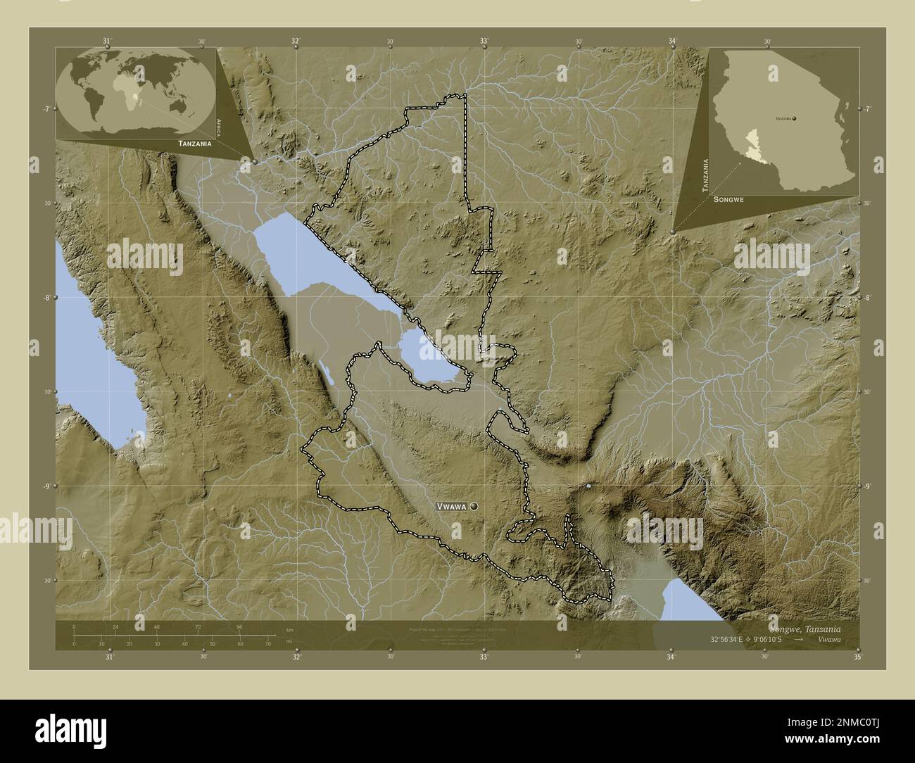 Songwe, region of Tanzania. Elevation map colored in wiki style with ...