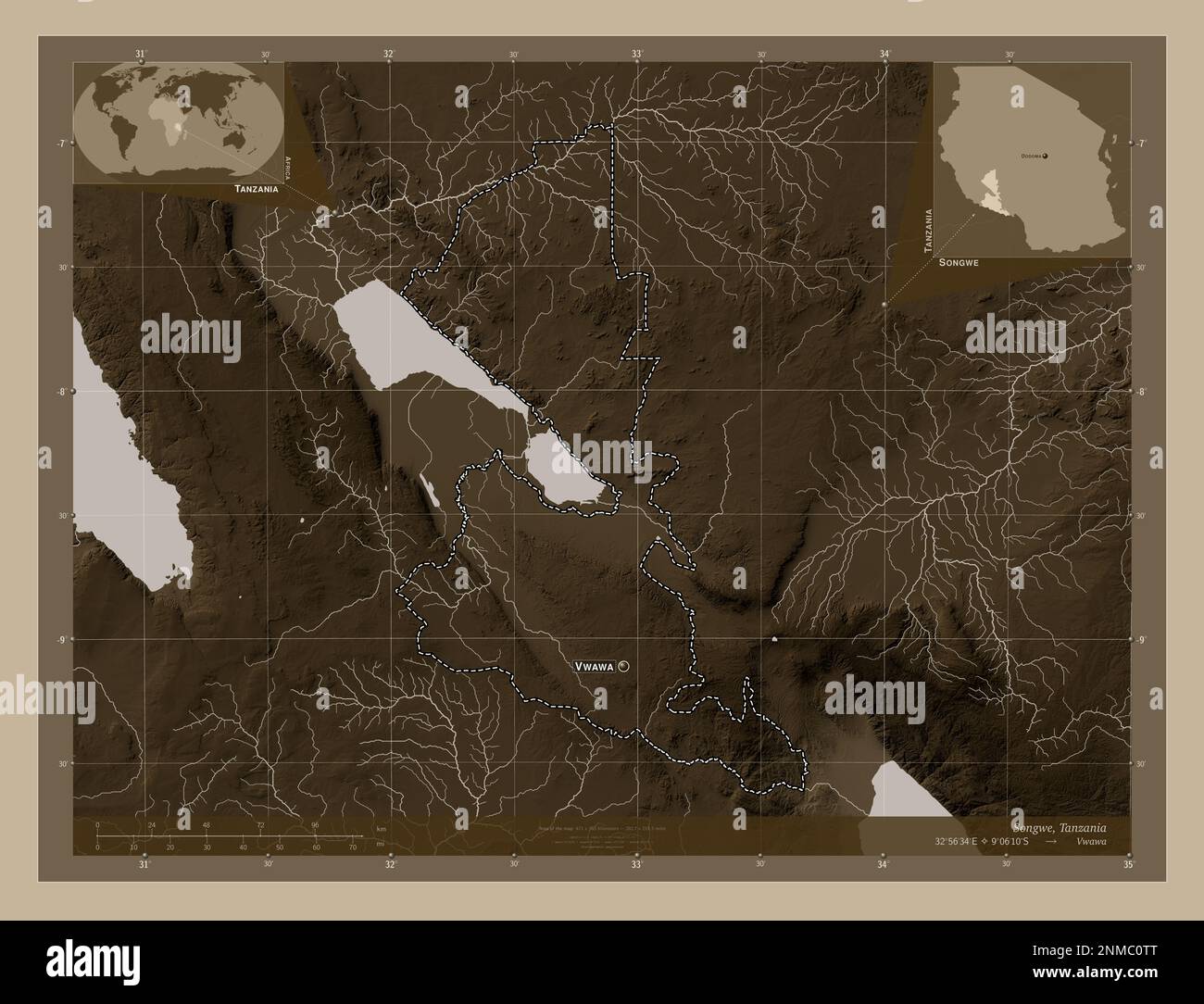Songwe, region of Tanzania. Elevation map colored in sepia tones with ...