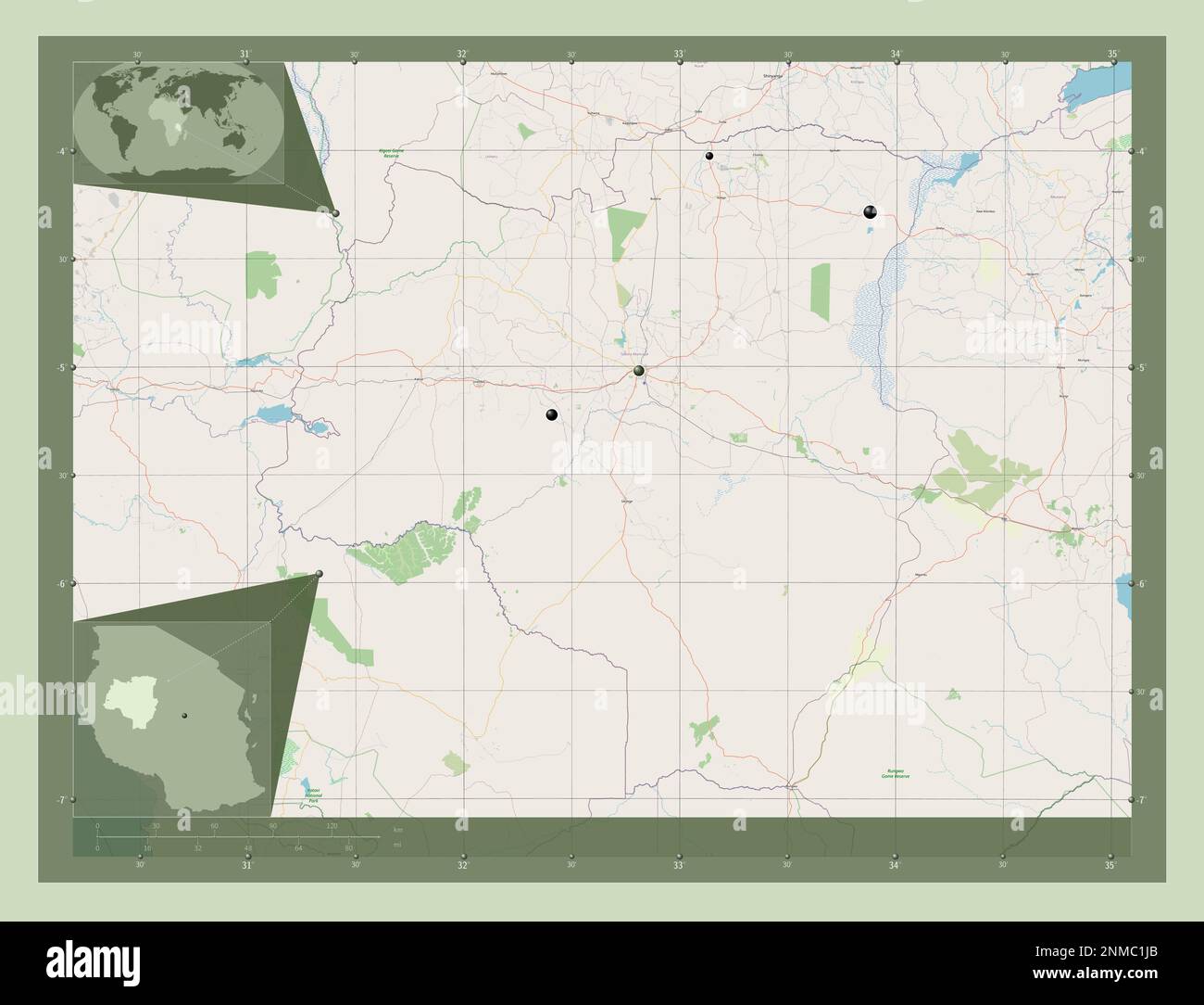 Tabora, region of Tanzania. Open Street Map. Locations of major cities ...