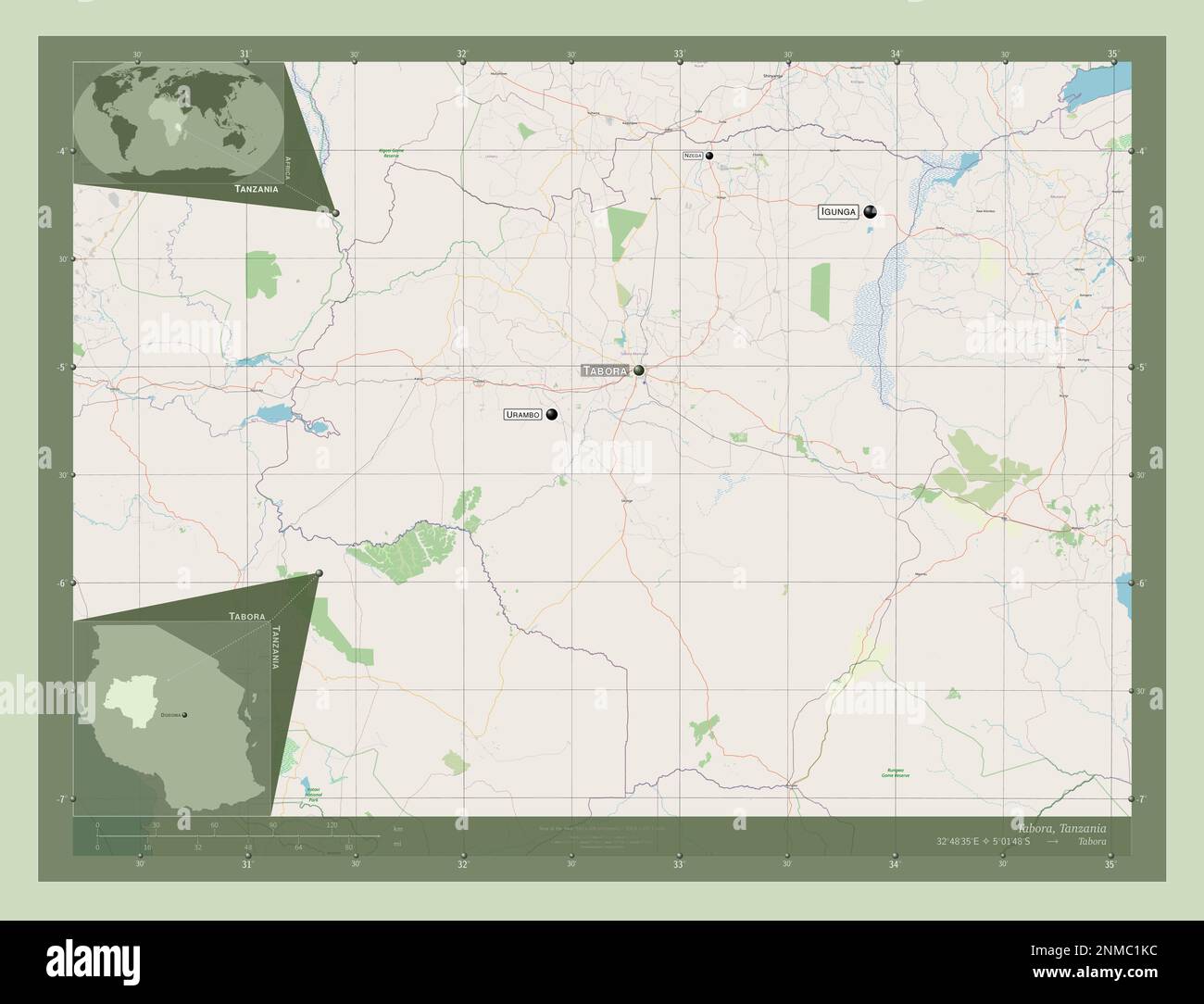 Tabora, region of Tanzania. Open Street Map. Locations and names of ...