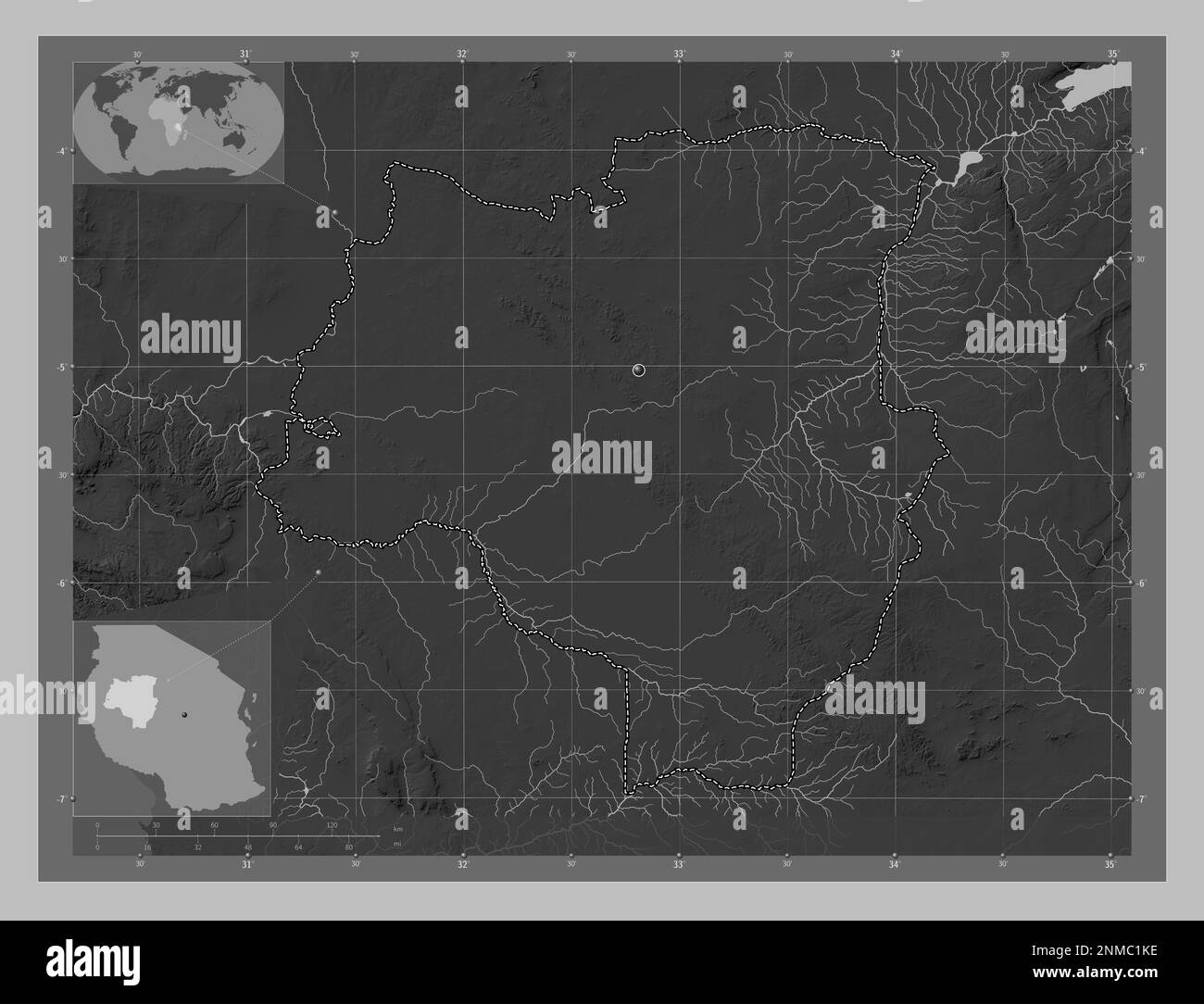 Tabora, region of Tanzania. Grayscale elevation map with lakes and ...